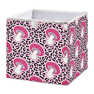 Mushrooms on Crazy Leopard Background Cube Storage Bin, Collapsible Storage Box Bins with Cubes, Foldable Fabric Baskets Bins for Shelf,Closet Cabinet,Home Organization, 11.02 x 11.02 x 11.02 inch