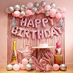 pink birthday decorations for women ，happy birthday party decorations for girls，pink Fringe Curtain，happy birthday banner，happy birthday balloon，happy birthday balloon letters