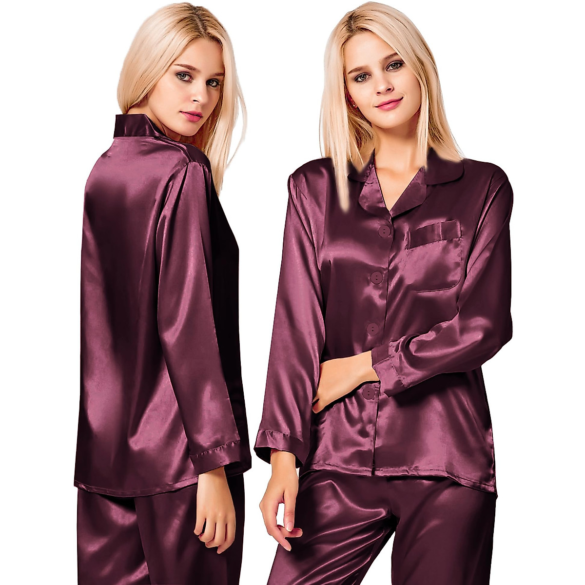 SWOMOG Women Pajamas Matching Pajamas Set Silk Satin Men Pj Set Long Sleeve Button Down Sleepwear 2 Pcs Loungewear Deep Wine Red Medium