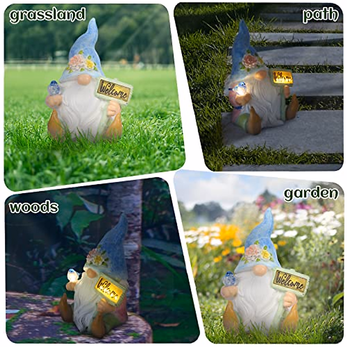 Sinhra Garden Gnome,Resin Gnome Figurine Holding Welcome Sign with Solar LED Lights, Outdoor Statues Garden Decor for Patio Yard Lawn Porch, Gardening Gifts