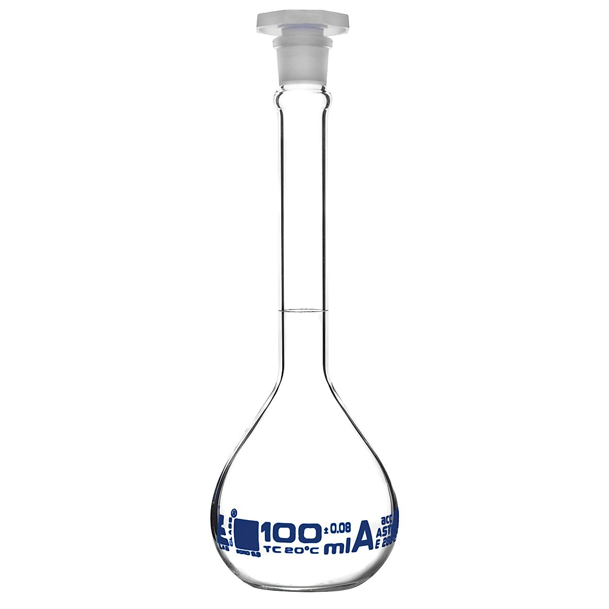 EISCO Volumetric Flask, 100ml - Class A, ASTM - Tolerance ±0.08ml - Polypropylene Stopper - Single, White Graduation - Borosilicate Glass