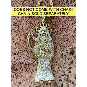 Solid 925 Sterling Silver - Large Men's Grim Reaper Death Pendant - Iced Santa Muerte Piece - Great Necklace (gold-plated-silver)