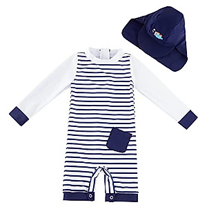 Baby Swimsuit Boy One Piece Rashguard with Hat UPF 50+ Sun Protection ，Blue Stripes,6-9 Months
