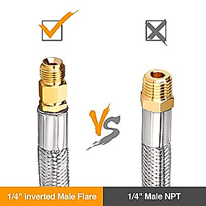 WADEO 15 inch Stainless Braided RV Propane Hose, Propane Hose with 1/4 Inch Inverted Male Flare, 2 Pack, Include Thread Seal Tape