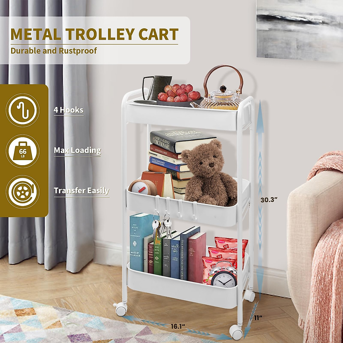 3-Tier Metal Rolling Utility Cart,Rolling Storage Organizer cart with Wheels, White