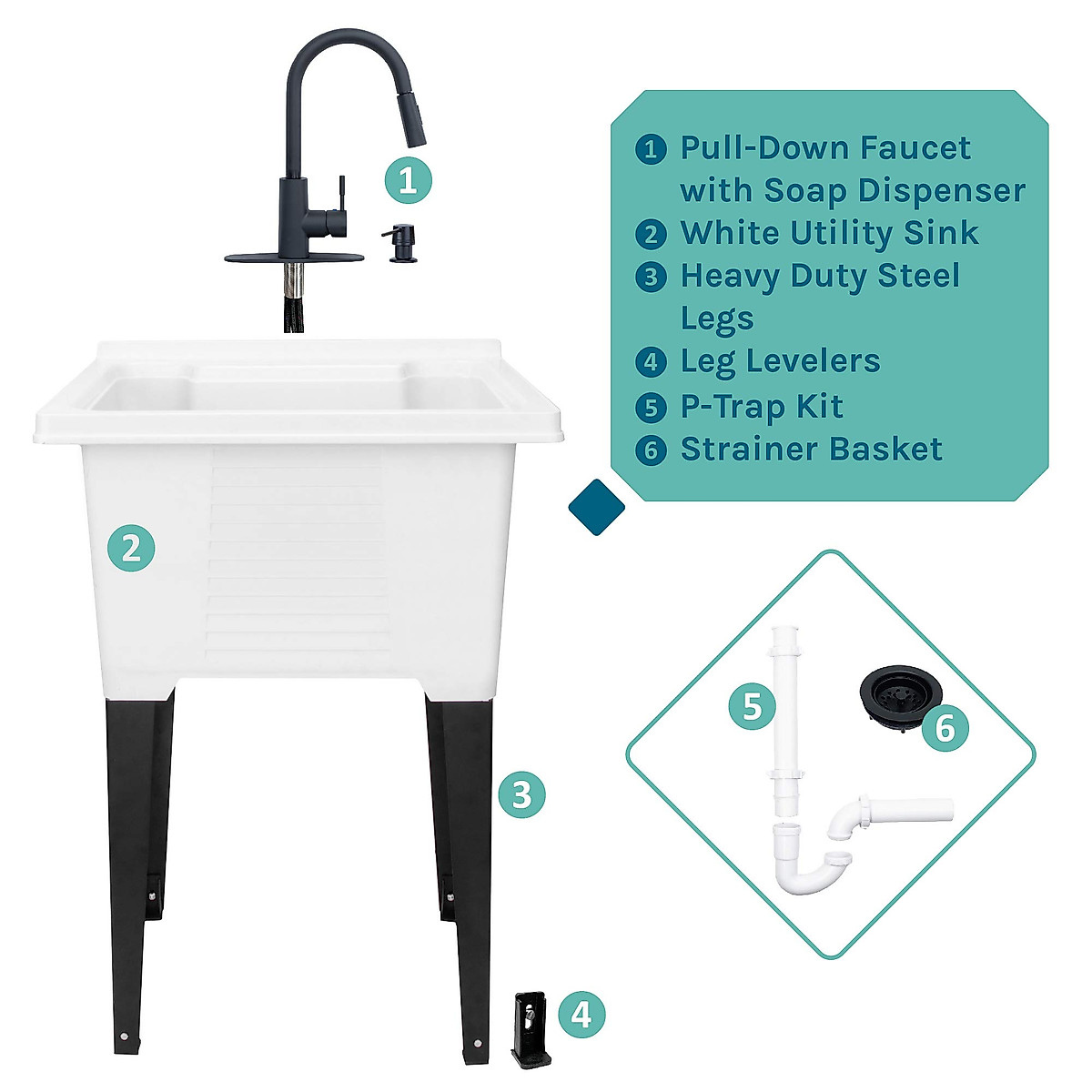 White Utility Sink by JS Jackson Supplies, Tehila Luxe Laundry Tub, Matte Black Hi-Arc Pull-Down Faucet, Soap Dispenser