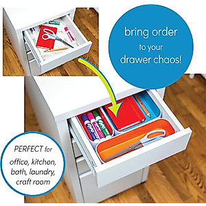 Three by Three Seattle 6 Piece Metal Organizer Tray Set for Storing Makeup, Stationery, Utensils, and More in Office Desk, Kitchen and Bathroom Drawers (2 Inch, Stripes and White)