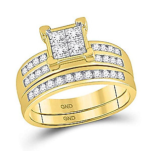 Solid 10k Yellow Gold His and Hers Princess Cut Diamond Cluster Matching Couple Three Rings Bridal Engagement Ring Wedding Bands Set 1.62 Ct. - (L = 6.5, M = 9)