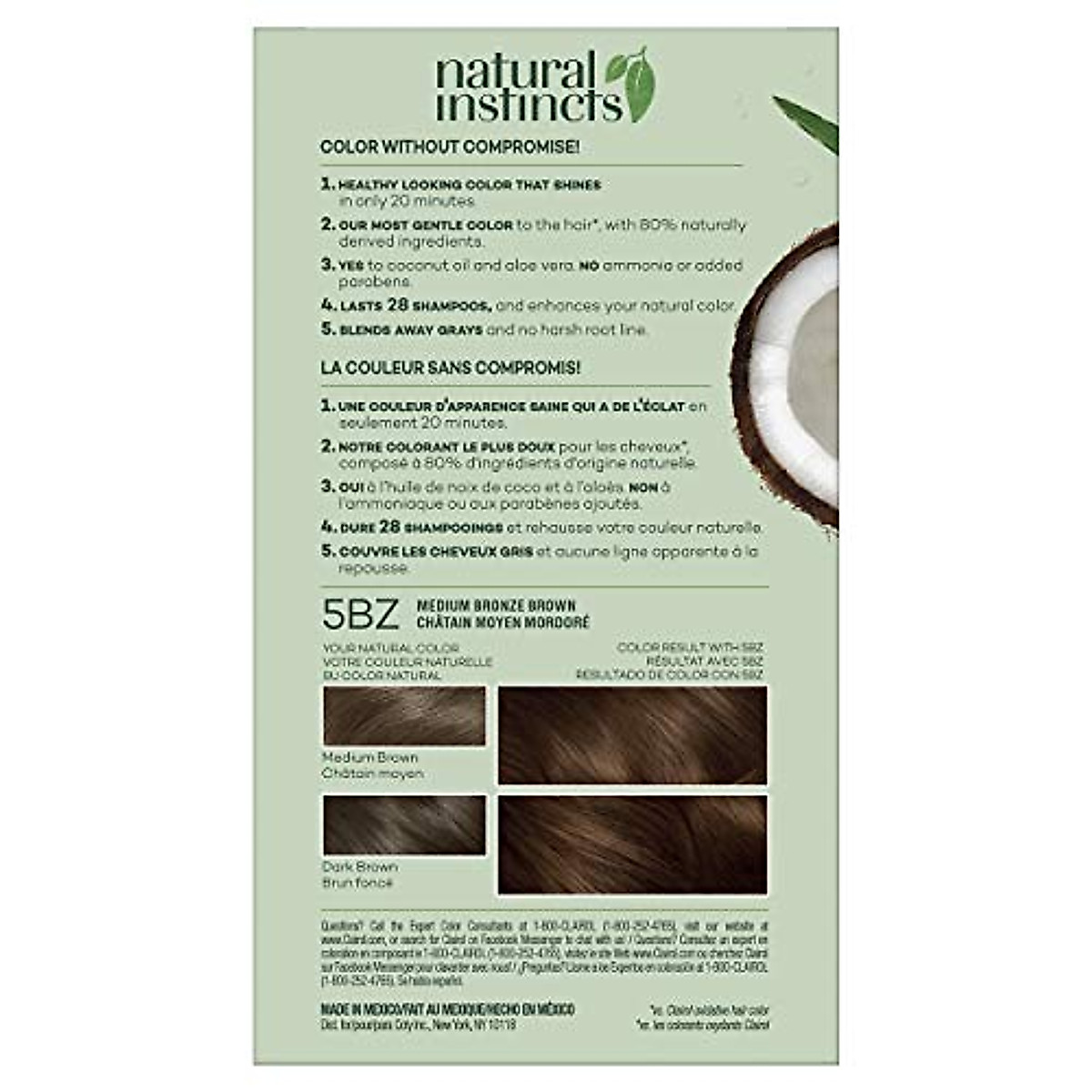Clairol Natural Instincts Demi-Permanent Hair Dye, 5BZ Medium Bronze Brown Hair Color, Pack of 2