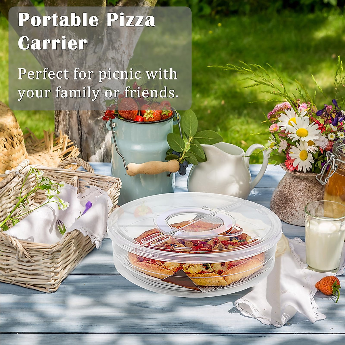 BSTKEY 12 inch Round Pizza Keeper, Food Storage Container with Lid and Handle, Pizza Dough Tray Fits 2-4 Dough Balls, Clear Plastic Food Storage Carrier for Cheese Cake Cupcakes Pies Pastries Fruit