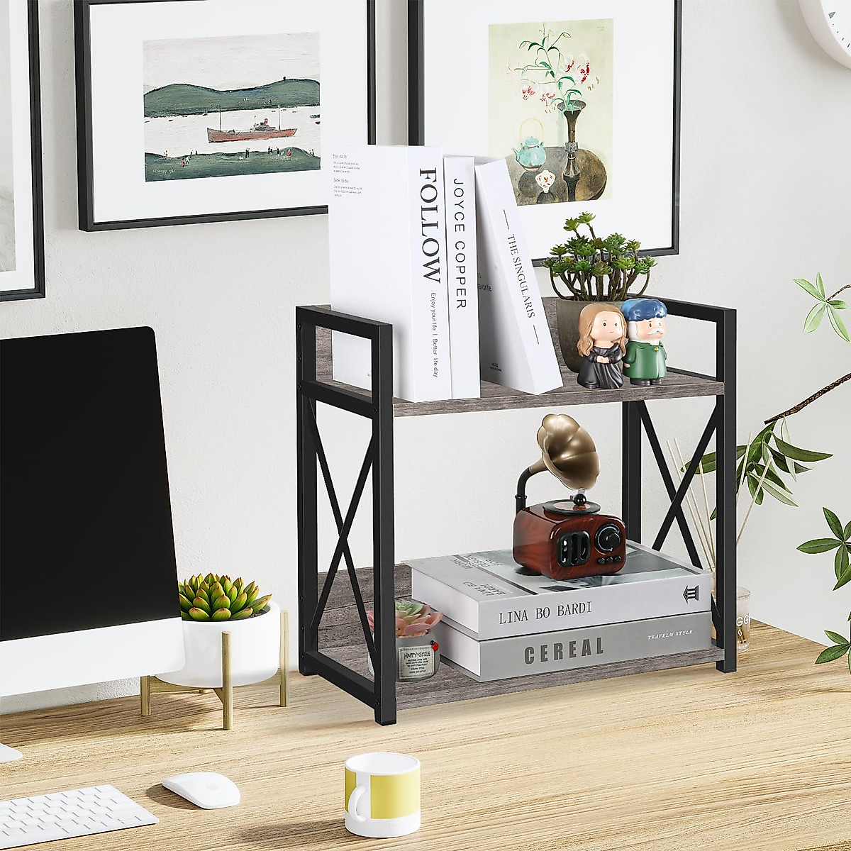 YINMIT Coffee Bar Accessories Organizer, Spice Rack Organizer, Wooden Kitchen Counter Shelf, 2 Tier Coffee Organizer Station for Countertop, Coffee Condiment Rack for Mugs, Cups, Cream, Syrup (Large)