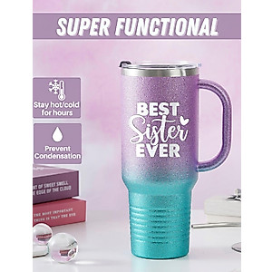 Onebttl Sister Gifts from Sister, 40 oz Insulated Stainless Steel Wine Tumbler with Lid and Straw, Funny gifts for Sis on Mother's Day, Birthday, Christmas, Violet-Blue, Best Sister Ever