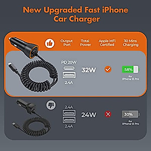 32W iPhone Car Charger - UNBREAKcable [PD 20W Quick Charge] [Apple MFI C94 Certified] Phone Cigarette Lighter with Built-in Coiled Lightning Cable for Apple iPhone 14/13/12/11/Xs/XS Max/XR/X/8