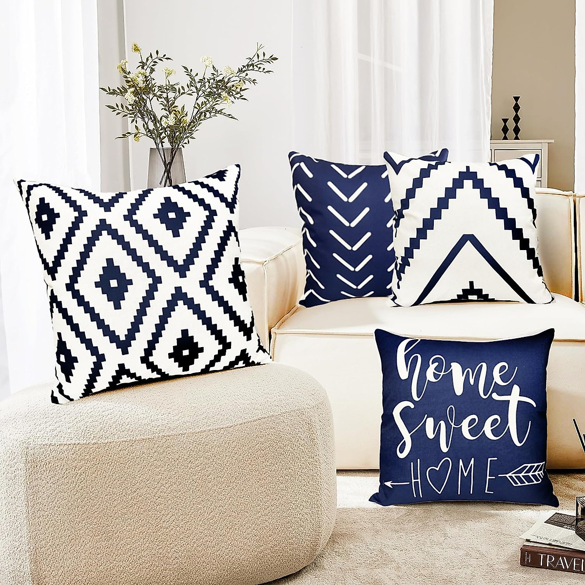 Decorative Throw Pillow Covers 18x18 Inch Blue Pillow Covers for Couch Sofa Living Room Bedroom car,Farmhouse Outdoor Throw Pillow Cover,Modern Geometric Linen Square Throw Pillow Case Set of 4