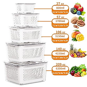 Kearning 5 Pcs Large Airtight Food Storage Containers with Lids&Handle, Fruit Storage Containers for Fridge with Removable Colanders, Leakproof Meal Prep Containers, Bento Box, Organizers and Storage