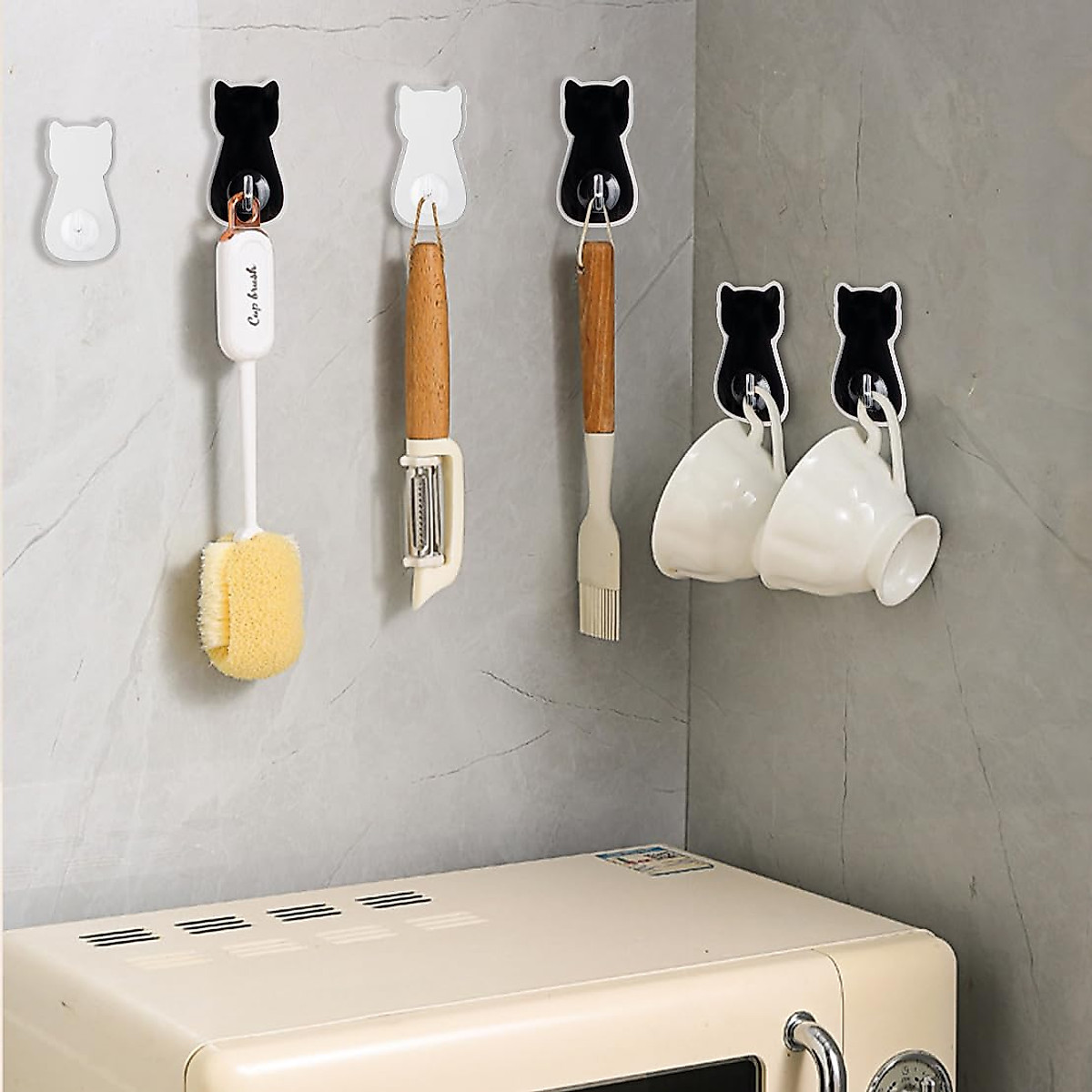 DeryArcle 4Pcs Cat Key Hook, Self Adhesive Hooks White Creative Cartoon Coat Hook Wall Mounted Hanger for Towel Scarf Bag Hat Gloves Robe Clothes (Type A)