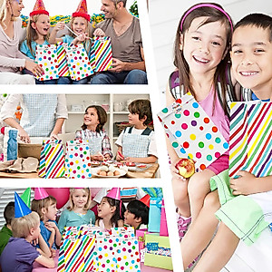 HONEYGIFTS 36PCS Party Favor Bags, Goodie Bags with Sealing Stickers, 4.7" x 3.1" x 8.7" Colorful Treat Bags Rainbow Stripe and Dots Candy Bags