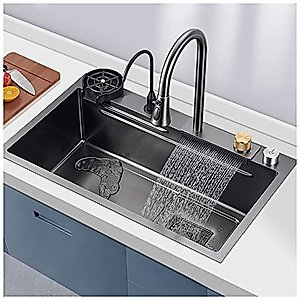 304 Stainless Steel Handmade Kitchen Sink Multi-Purpose Waterfall Bar Sink Black Nano Rv Sink with Pull-Out Faucet and Cup Washer Top Mount Or Undermount (Color : Black, Size : 80x45x22cm)