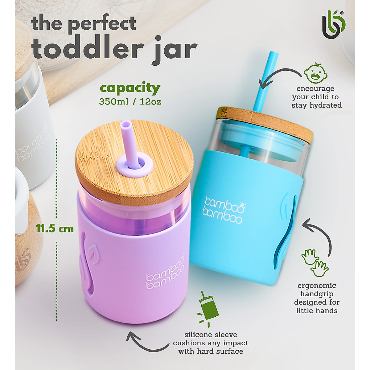 bamboo bamboo Toddler Sippy Cup with Straw and Lid, Transition Drinking Cup for Kids Holds 11.8 oz of Milk, Juice, Water or Smoothies – Glass Kids Cup with Impact-Resistant Silicone Sleeve and Straw