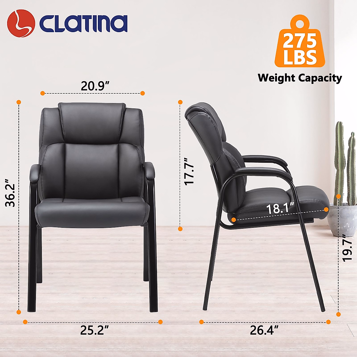 CLATINA Leather Guest Chair with Padded Arm Rest for Reception Meeting Conference and Waiting Room Side Office Home Black 4 Pack
