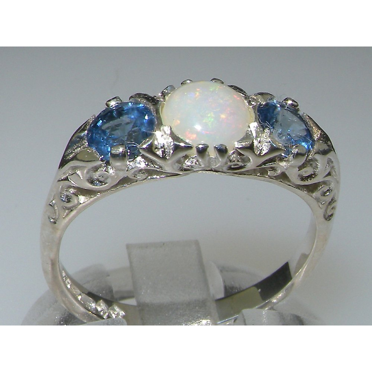 LetsBuyGold 925 Sterling Silver Natural Opal and Sapphire Womens Anniversary Ring - Size 7.25