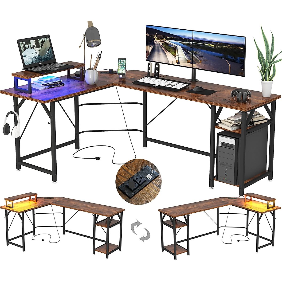 SZXKT L Shaped Gaming Desk with Power Outlets and Monitor Stand, Computer Desk with LED Lights,Home Office Desks Large Writing Study Table Workstation with Hooks Desk for Bedroom, Rustic Brown
