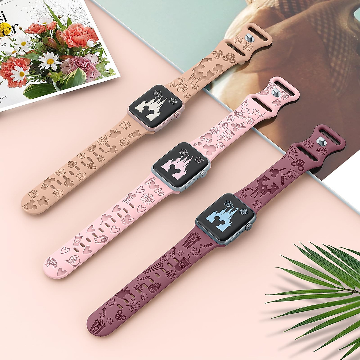 3 Pack Alibaydoo Cartoon Engraved Band Compatible with Apple Watch Bands 40mm 44mm 41mm 38mm 45mm 42mm 49mm Women,Cute Pattern Strap Soft Silicone Wristbands for iWatch Series 8 7 6 SE 5 4 3 2 1 Ultra