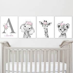 Baby Girl Nursery Wall Art Pink Floral Safari Animals Elephant Giraffe Lion Room Decor 4 UNFRAMED PRINTS
