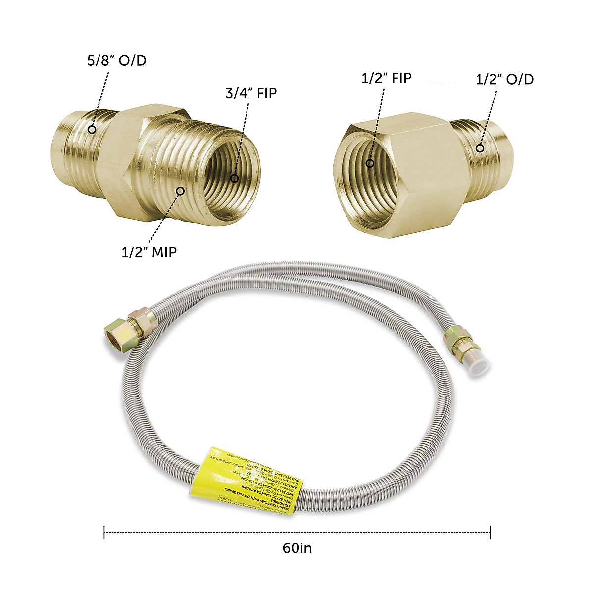 Appliance Pros 1/2 I/D, 5/8 O/D Gas Stove Flexible Hose Gas Line, Braided Stainless Steel, Fit Most Range and Grill Models 1/2 MIP x 3/4 FIP, 60 inch