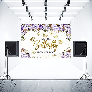 Aperturee A Little Butterfly is On The Way Baby Shower Backdrop 7x5ft Purple Floral Gold Dots Girls Princess Photography Background Party Decoration Supplies Cake Table Banner Photo Booth Props