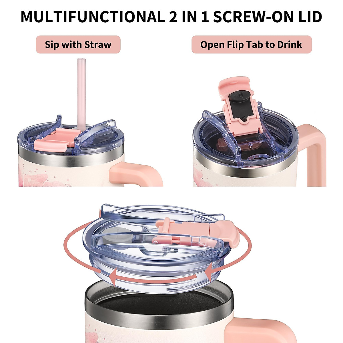 THILY 40 oz Stainless Steel Tumbler with Handle - Vacuum Insulated Travel Cup, Splash-Proof & Leakproof Lid, 2 Straws & Brush | Keeps Cold 34H/Hot 12H, Cupholder Friendly, Cherry Blossoms