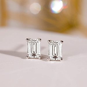 EAMTI 925 Sterling Silver Cubic Zirconia Stud Earrings for Women 1 Carat Emerald Cut CZ Stud Dainty Earrings Hypoallergenic