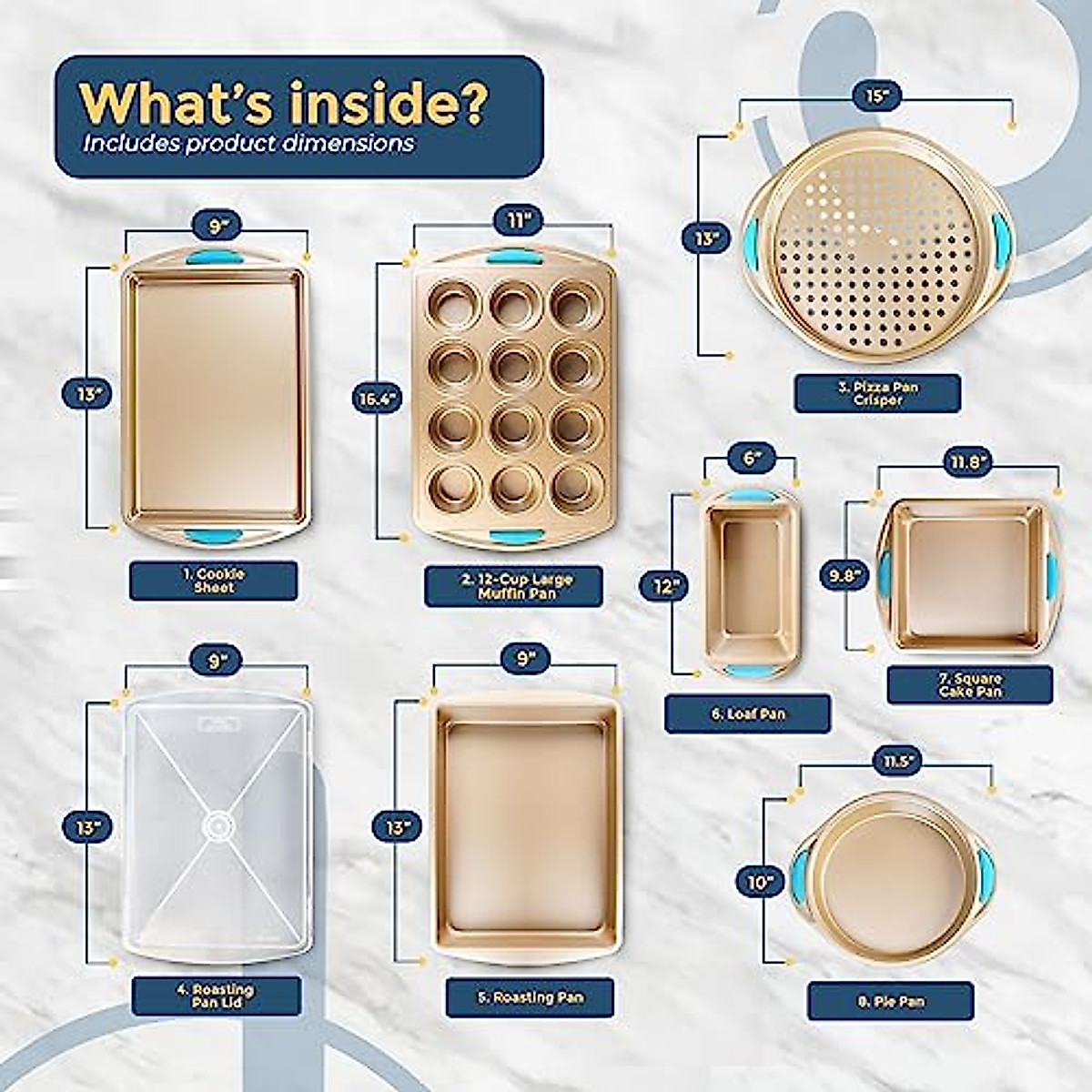 Baking Pan 8 Piece Set Nonstick Gold Carbon Steel Oven Bakeware Kitchen Set with Silicone Handles, Cookie Sheet, Roasting Pan, Lid, Square Pan, Pie Pan, Loaf Pan, Pizza Crisper, Muffin Pan by PERLLI