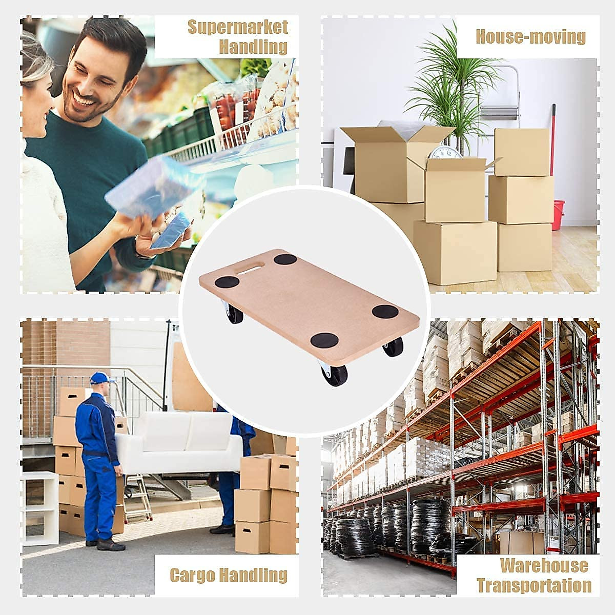 Happytools Set of 2 Wood Dolly, Heavy Duty Portable Platform Truck w/ 4 PP Casters & Anti-Skid Pads, Labor-Saving Carrier Cart for Home, Shop, Warehouse, 440 lbs Capacity, Natural