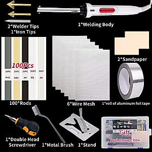 Plastic Welder, 110V/100W Plastic Welding Kit, Plastic Soldering kit for Bumper Kayak Repair-With 100 Rods,3 Tips,6 Wire Mesh,1 Volume Tin Wire,2 Sandpaper,1 Stand,1 Metal Brush,1 Screwdriver (White)