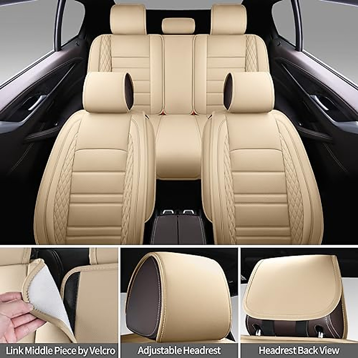 SPEED TREND Car Seat Covers – Premium PU Leather for Ultimate Comfort & Protection, Easy Installation and Universal Fit for Most Cars SUVs Trucks (ST-001 Full Set, TAN)
