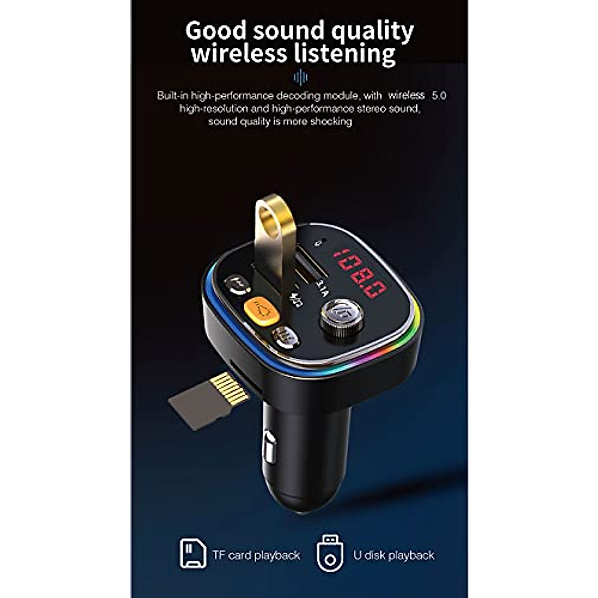 OHITEC Bluetooth5.0 FM Transmitter for Car,Bluetooth Car Adapter with Dual USB Charging Car Charger MP3 Player Support TF Card & USB Disk, 7 Colors Led Backlit Light, Hands Free Calling (C20)