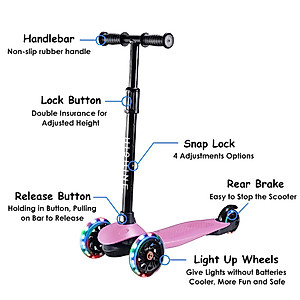 Kids Kick Scooters for Toddlers Boys Girls Ages 2-5 Years Old, Adjustable Height, Extra Wide Deck, Light Up Wheels, Easy to Learn, 3 Wheels Scooters, Pink