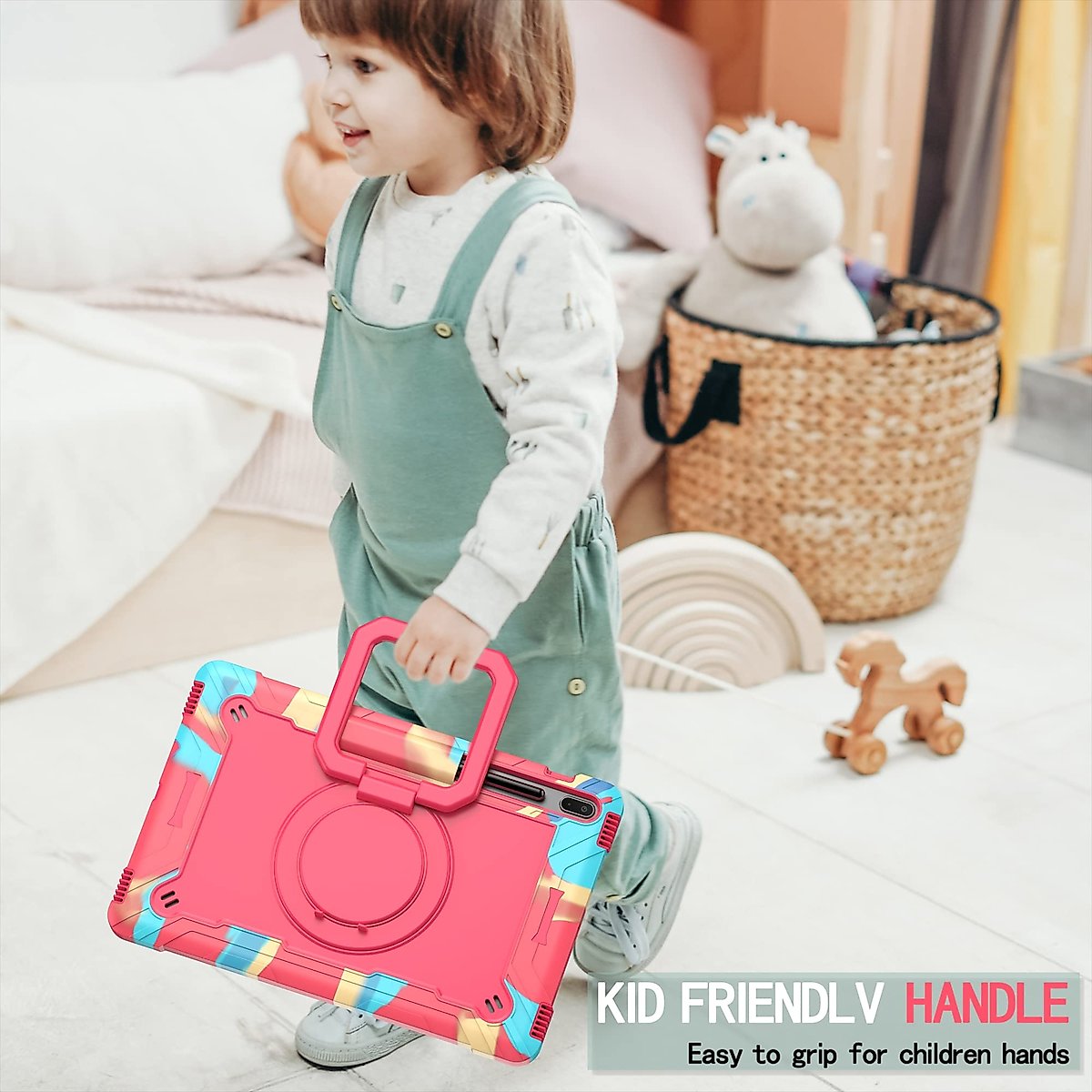 Galaxy Tab S8 Plus Case/Galaxy Tab S7 FE 5G Case Kids/Tab S7 Plus Case 12.4" SM-T738, Dteck Shockproof Case with 360°Swivel Kickstand Case for Samsung Galaxy Tab S8+/Tab S7 FE/Tab S7+, Rainbow & Rose
