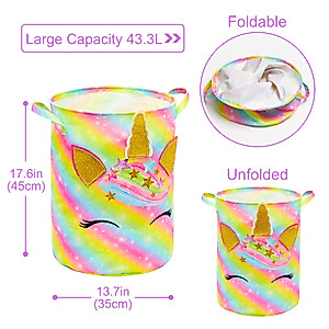 FIOBEE Unicorn Laundry Basket Rainbow Storage Bins Waterproof Nursery Hamper Canvas Toy Organizer for Kids Girls Bedroom Clothes
