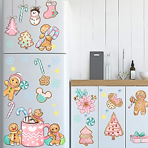 Mfault 148 PCS Merry Christmas Gingerbread Window Clings 9 Sheets, Xmas Ginger Bread Man Pink Candy Cane House Stickers Decals Decorations, Winter Snowflake Living Room Home Kitchen Decor Holiday Gift