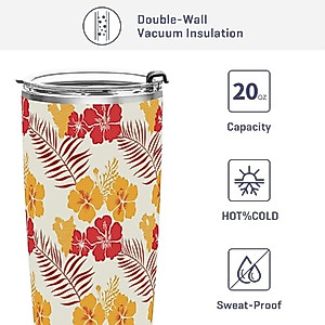 Tropical Style Flower Leaves Yellow and Red Stainless Steel car cup with Lid and Straw mug for hot drinks for hot and cold drinks leakproof flip straw tumbler 20 OZ