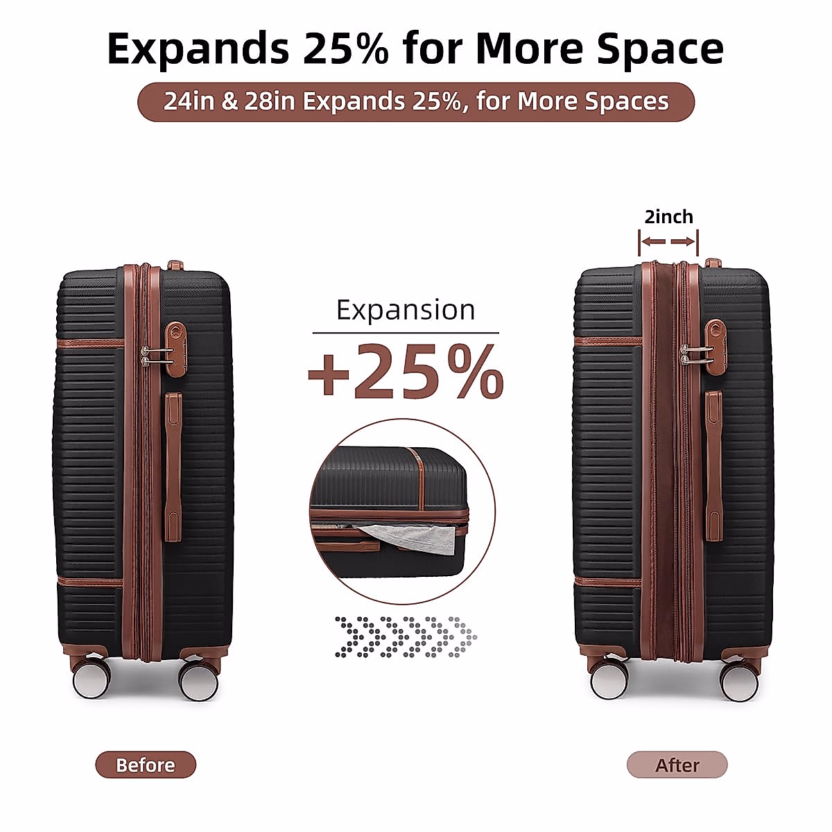 Lulusail Luggage Sets 6 Piece with two Cosmetic Case, Expandable(Only 28 & 24") Hardside Luggage with 360° Spinner Wheels, Durable Luggage Set Clearance For Women Men, Black