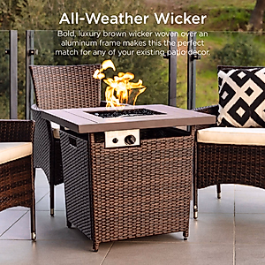 Best Choice Products 28in Gas Fire Pit Table, 50,000 BTU Outdoor Wicker Patio Propane Firepit w/Faux Wood Tabletop, Clear Glass Rocks, Cover, Hideaway Tank Holder, Lid - Brown