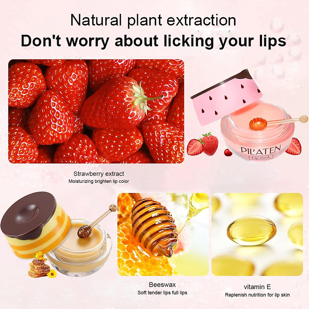 4PCS Strawberry & Honey Lip Balm, Vitamin E Moisturizing Propolis Sleeping Lip Mask, Effective Reduces Lip Lines Prevention Dry and Cracked Lip Scrubs Exfoliator Smoothing Dry Lip Care