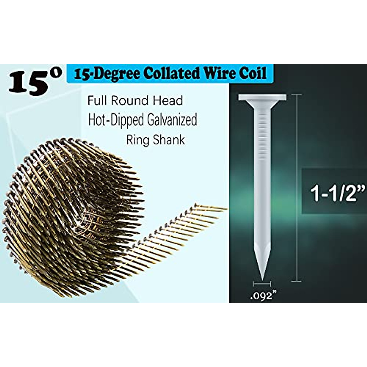 Siding Nails 1-1/2-Inch x .092-Inch 15-Degree Collated Wire Coil, Full RoundHead, Ring Shank Hot-Dipped Galvanized 1600 Count for Rough Nailing of Lathing and Sheathing Materials by BOOTOP
