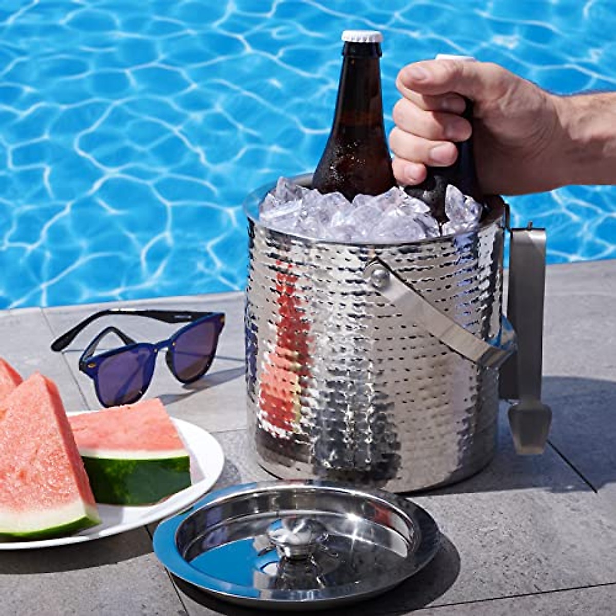 Hammered Ice Bucket - Ice Bucket with Tongs - Insulated Ice Bucket with Lid - Double Wall Ice Bucket 3 Quarts - By Colleta Home