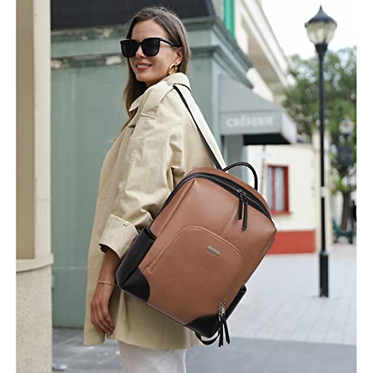 CLUCI Womens Laptop Backpack Leather 15.7 Inch Computer Backpack Travel Vintage Daypack Brown with Black