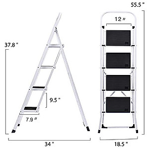 4 Step Ladder Step Stool, Sturdy Step Stools for Adults with Wide Anti-Slip Pedal, Portable Folding Step Stool with Handle, Lightweight Steel Step Ladder, 330lbs Capacity Kitchen Step Stool, White