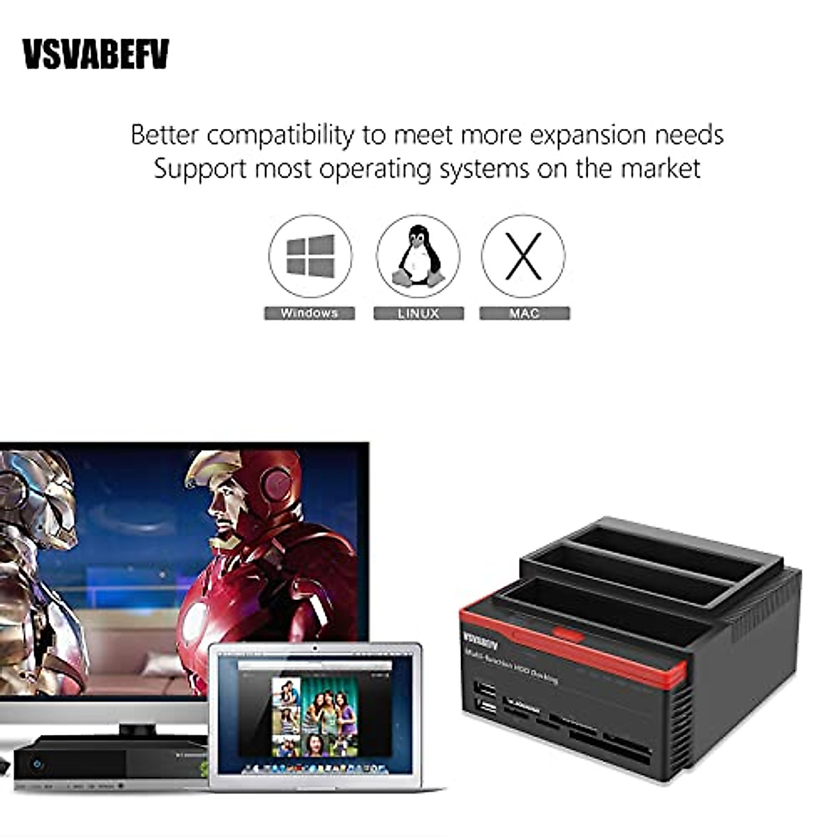 VSVABEFV Hard Drive Docking Station Hard Drive Dock Reader, Hard Drive Enclosure 2.5"/3.5" USB 3.0 to 2 SATA Ports 1 IDE Port External HDD Hard Drive Card Reader USB3.0 Hub with OTB/OTC Offline